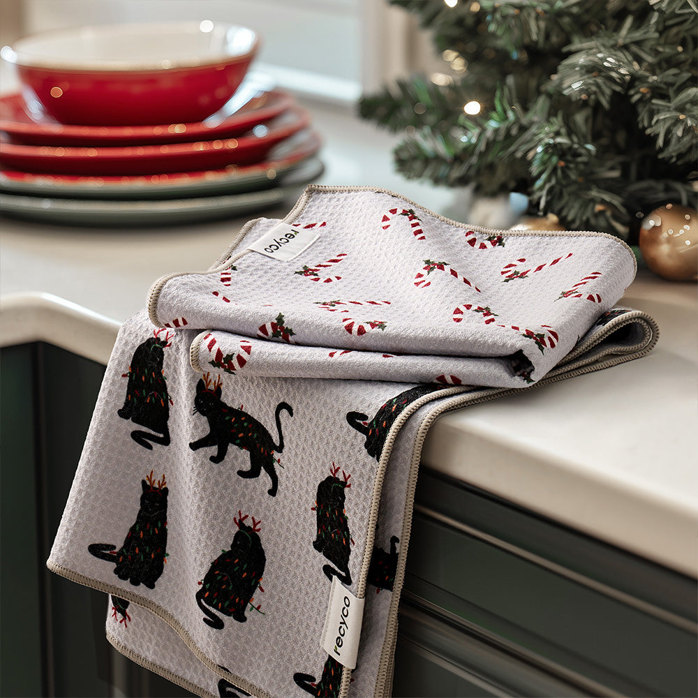 Holiday Whiskers Waffle Kitchen Towel - 2 Pack – Recyco Living LLC